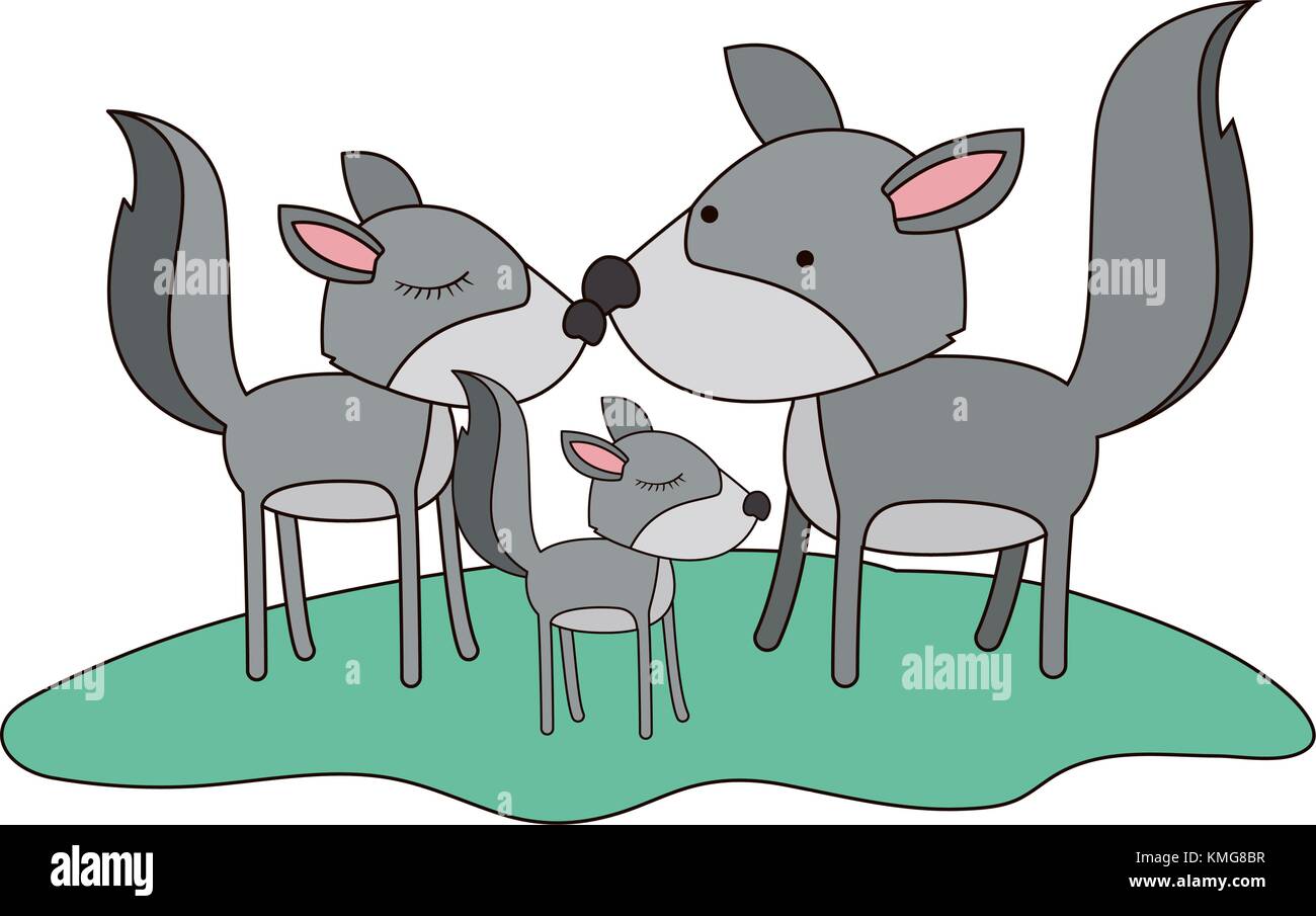 wolves couple and cub over grass in colorful silhouette on white ...