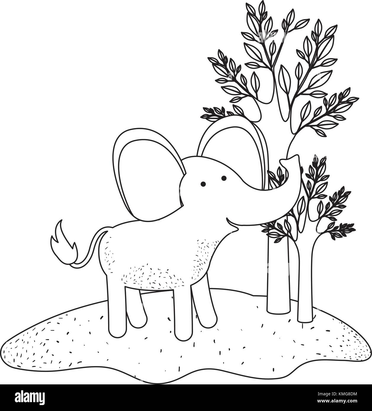 elephant cartoon in forest next to the trees in monochrome silhouette ...