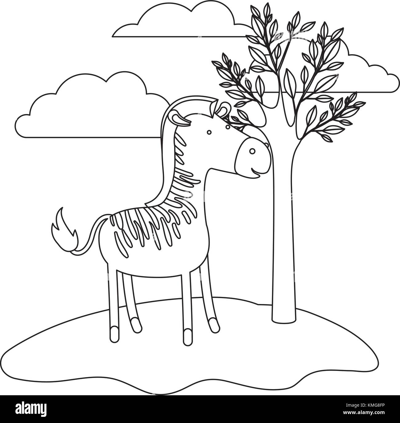 zebra cartoon in outdoor scene with trees and clouds in monochrome ...