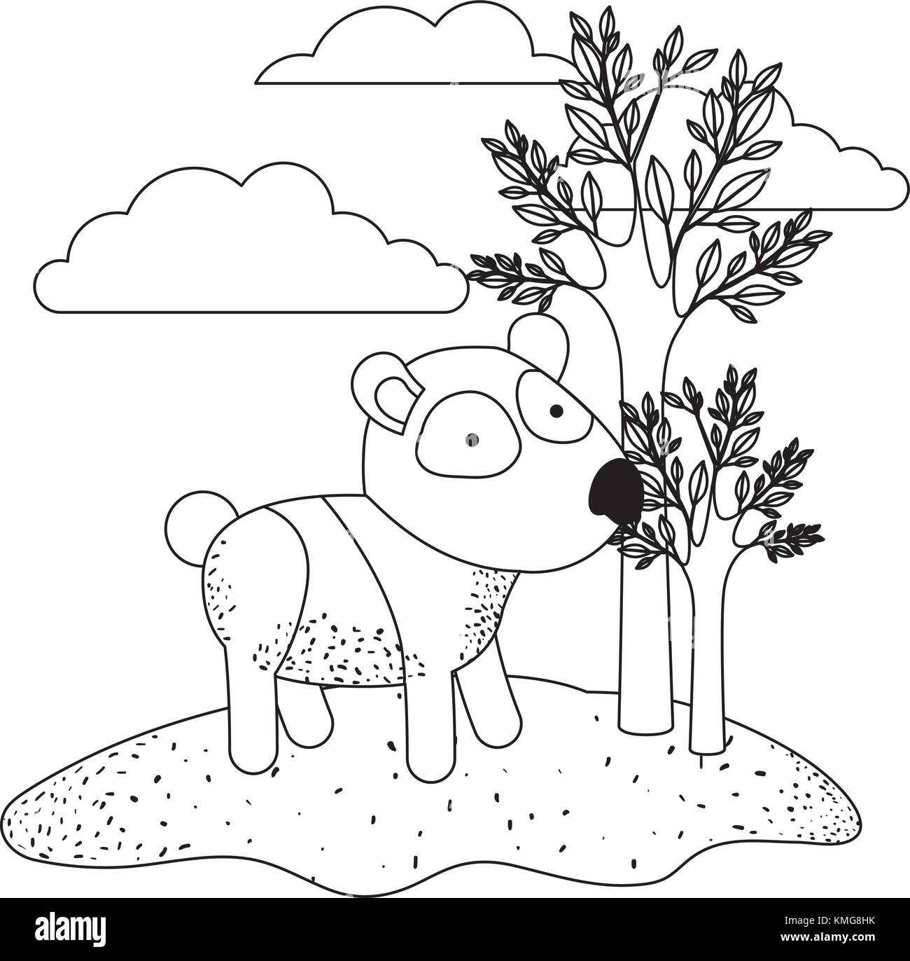 panda cartoon in outdoor scene with trees and clouds in monochrome ...