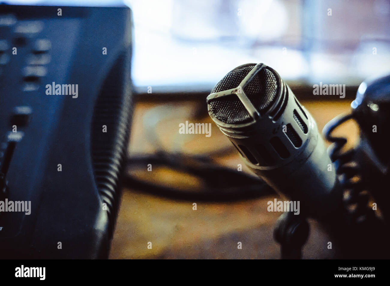 old microphone stands in the old Studio Stock Photo - Alamy