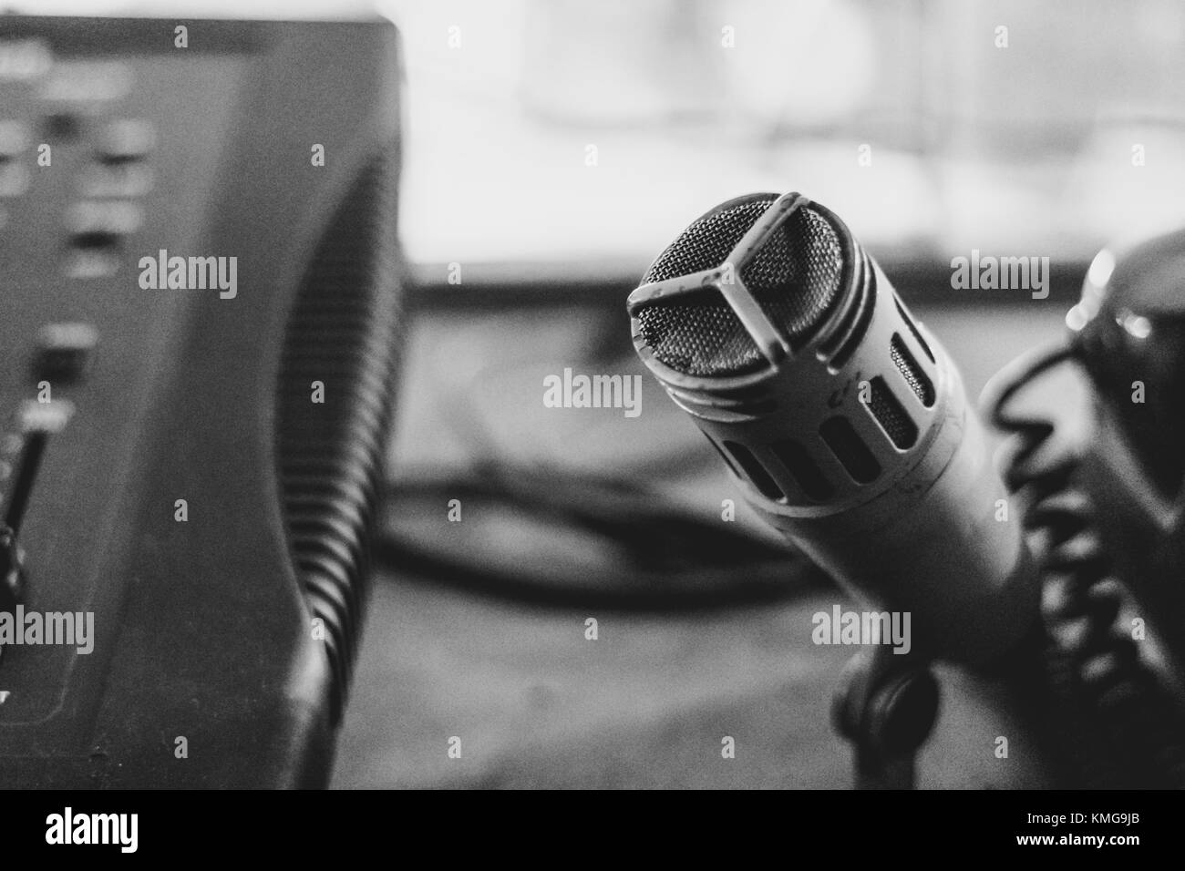 old microphone stands in the old Studio Stock Photo - Alamy