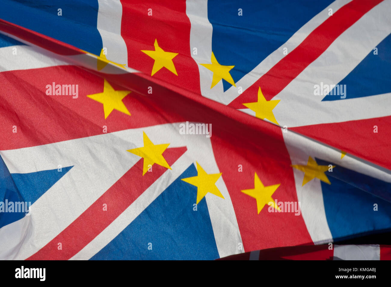 Close up of UK Union Jack with gold stars of European flag superimposed ...