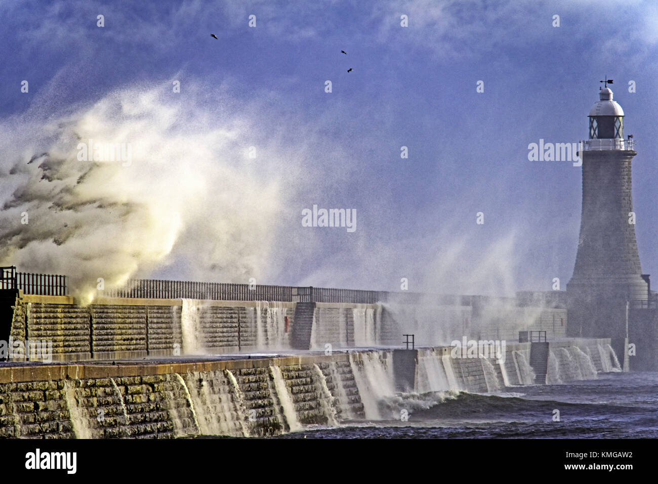 Tynemouth North Pier during raging winter storm Stock Photo - Alamy