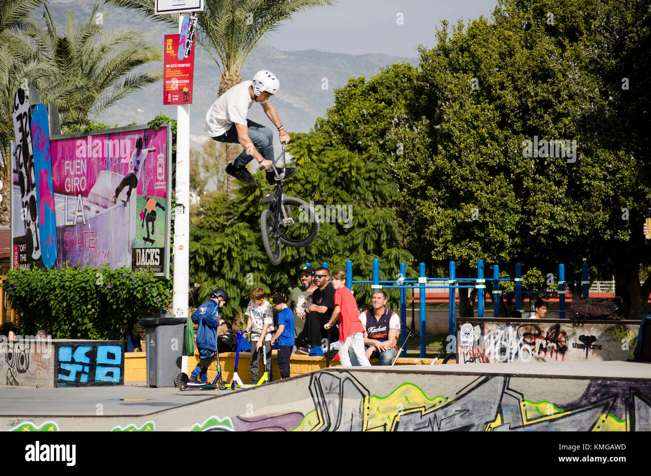 Bmx jump riders at skate park, during freestyle competition, Fuengirola ...