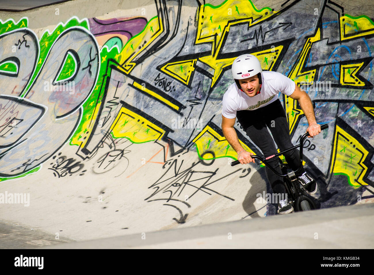 Bmx riders at skate park, during freestyle competition, Fuengirola ...