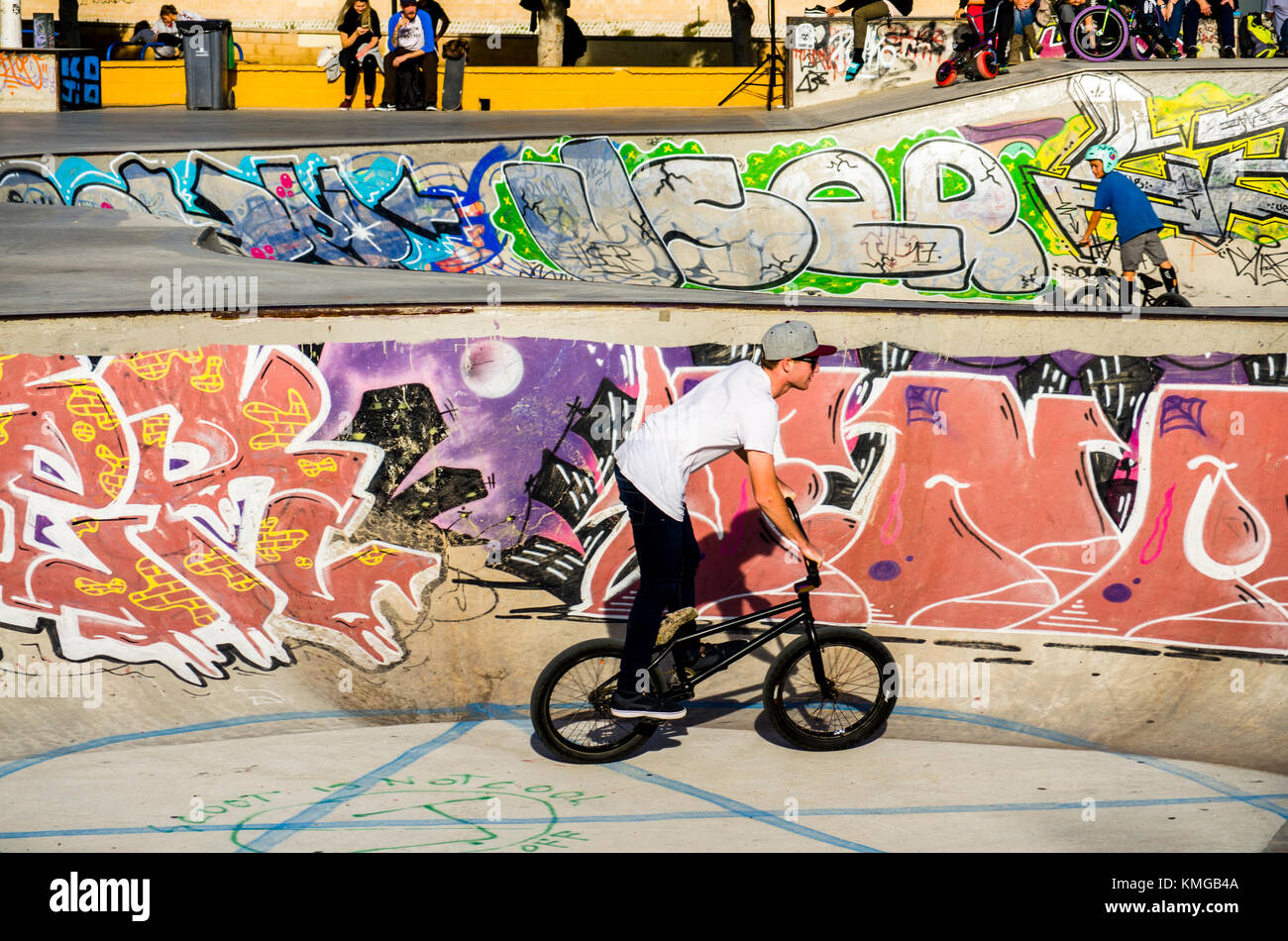 Bmx rider at skate park, during freestyle competition, Fuengirola ...