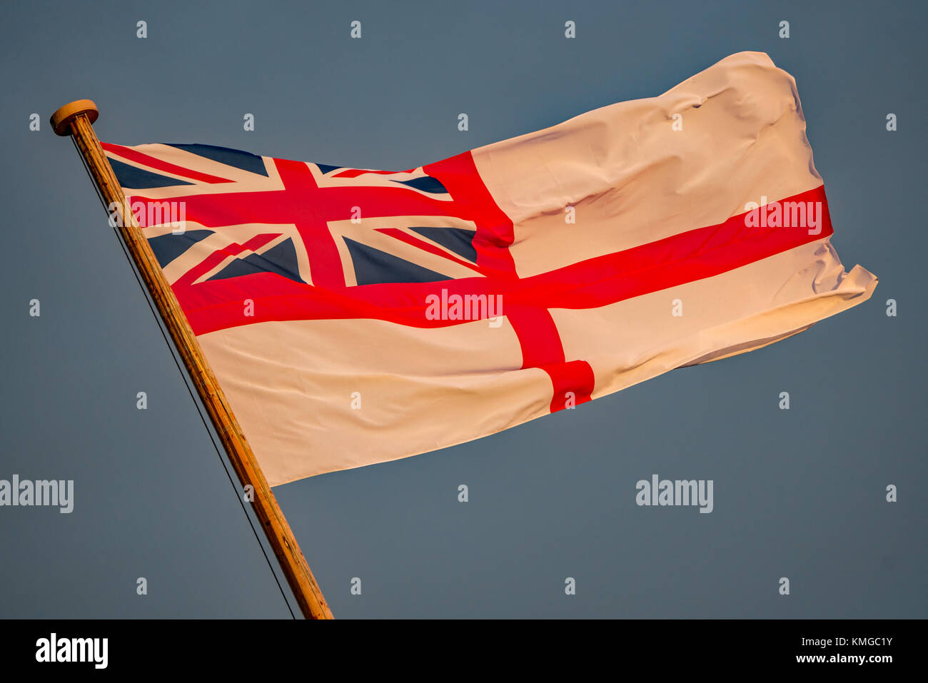 The British Royal Navy White Ensign at the stern of the historic ...