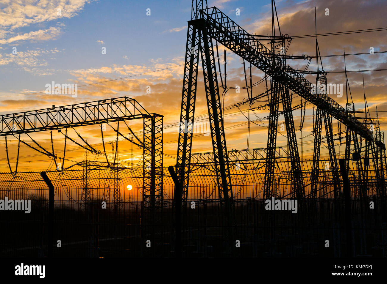 Electrical pylon and high voltage power lines near transformation ...