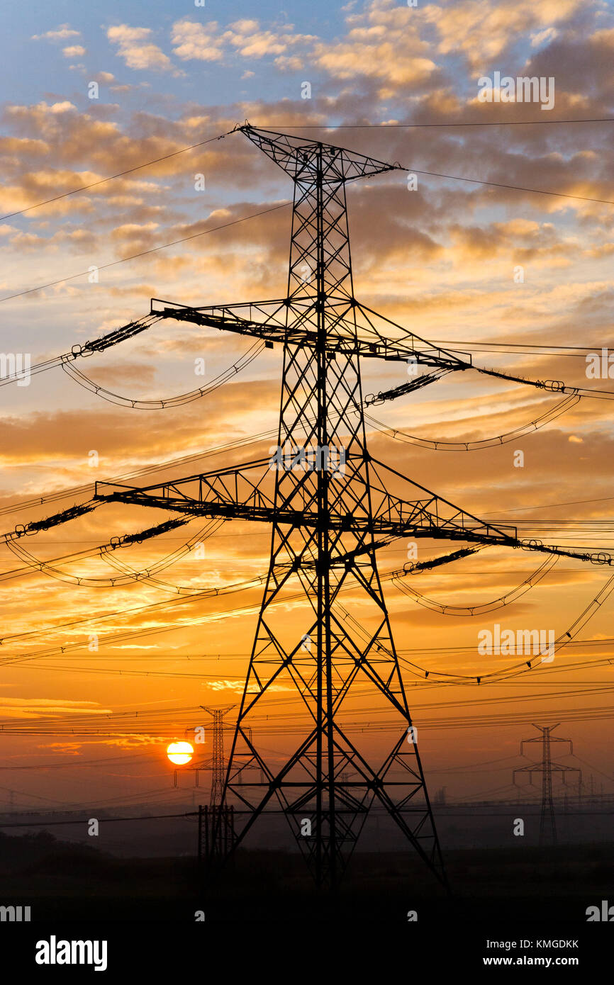 Electrical pylon and high voltage power lines near transformation ...
