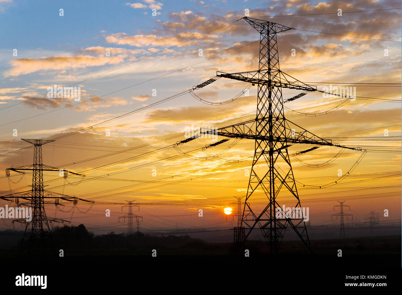 Electrical pylon and high voltage power lines near transformation ...