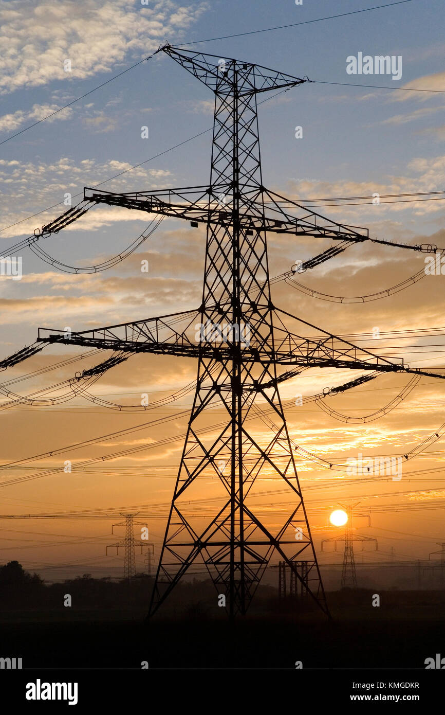 Electrical pylon and high voltage power lines near transformation ...