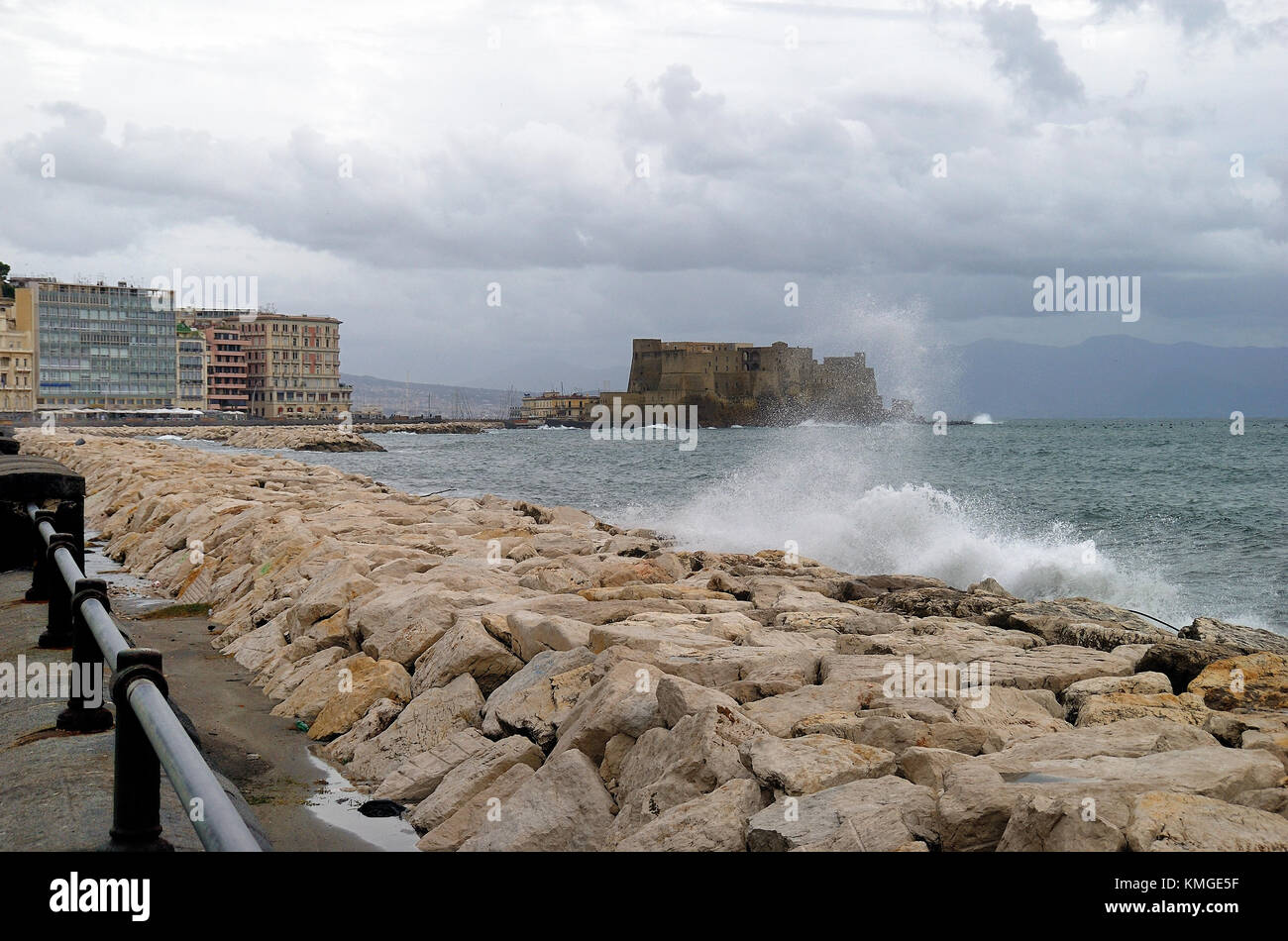 Naples, Italy. View of Castel dell'Ovo and Vesuvius from via Caracciolo ...