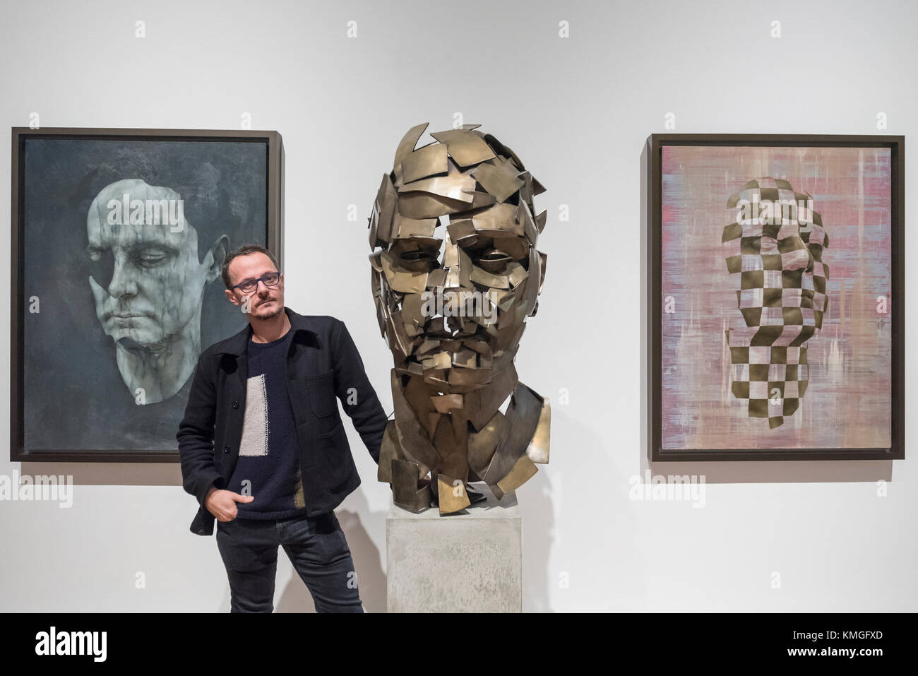 London, UK. 7 December 2017. Artist Jonathan Yeo with his works (L to R ...