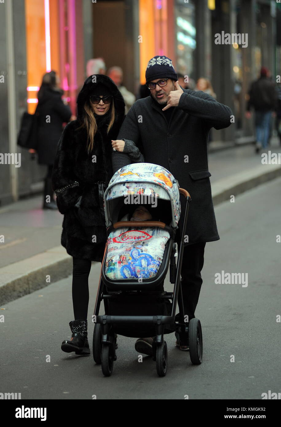 Milan, Cecilia Capriotti with boyfriend Gianluca and daughter walking ...