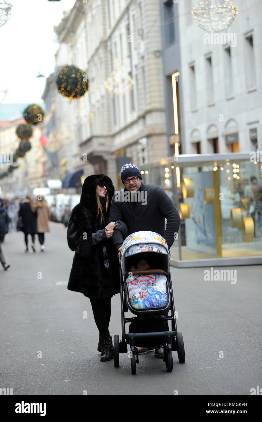 Milan, Cecilia Capriotti with boyfriend Gianluca and daughter walking ...