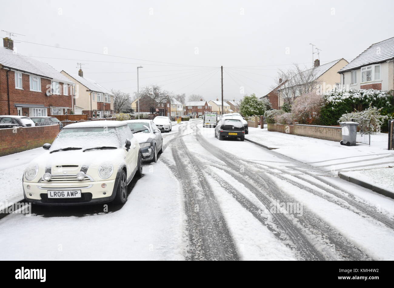 A residential street in Reading, Berkshire is covered in snow early in ...