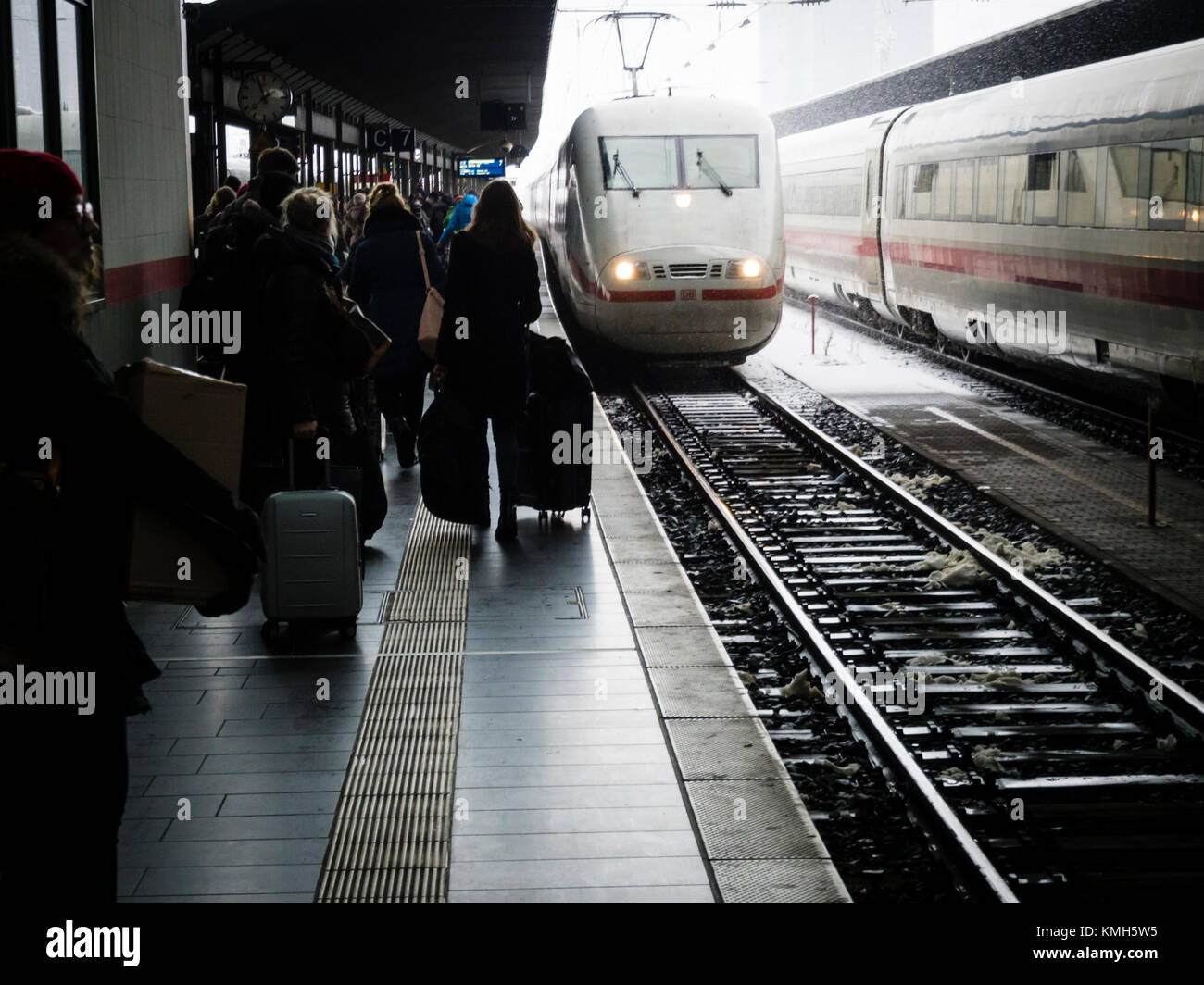 Frankfurt/Main, Germany - 10 Dec 2017: A snow-covered ICE train is ...