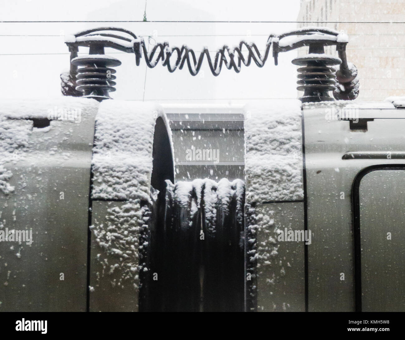 Frankfurt/Main, Germany - 10 Dec 2017: A snow-covered ICE train is ...