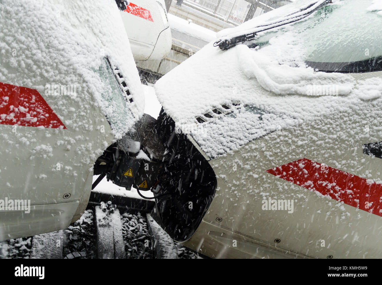 Frankfurt/Main, Germany - 10 Dec 2017: A snow-covered ICE train is ...