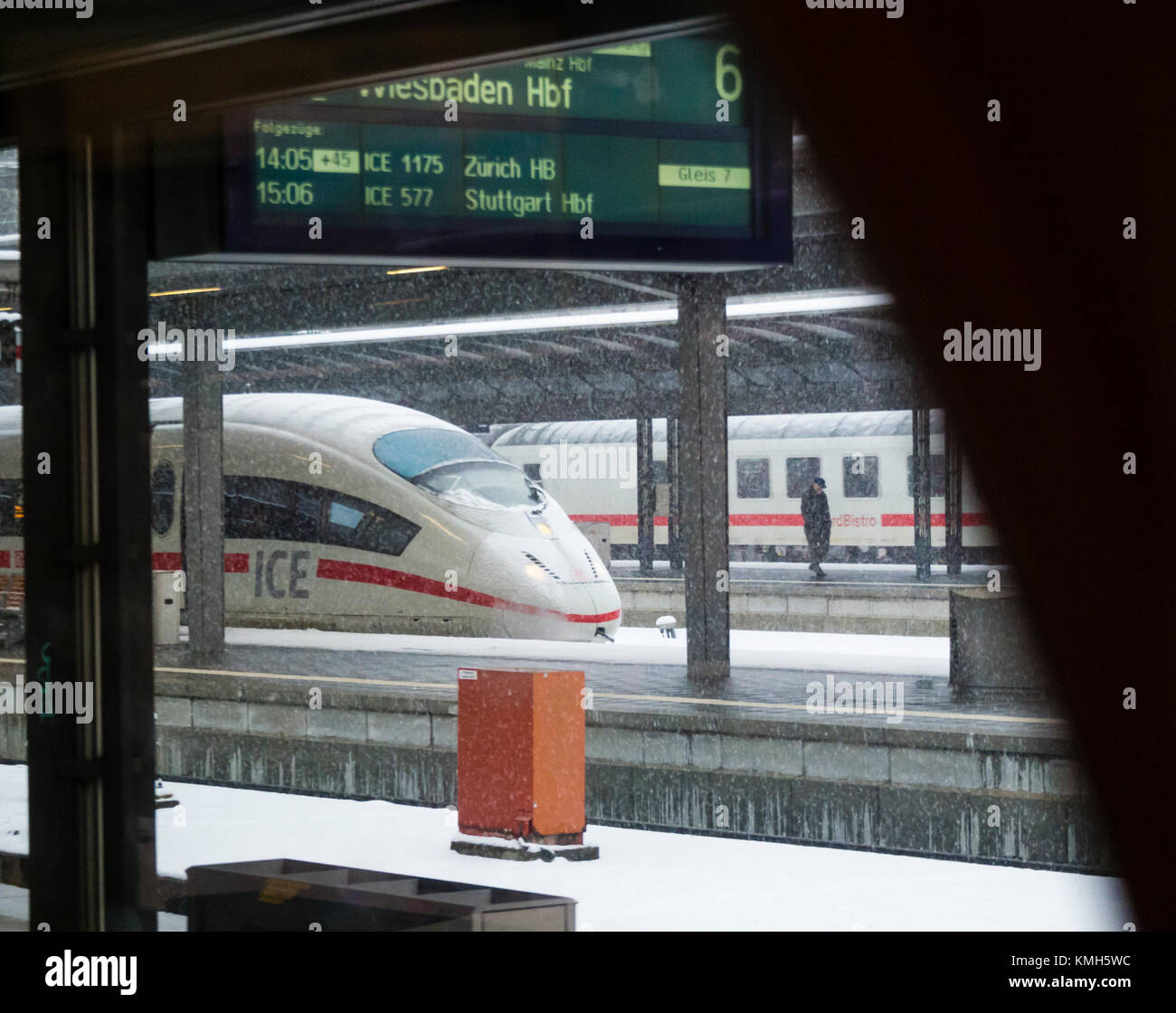 Frankfurt/Main, Germany - 10 Dec 2017: A snow-covered ICE train is ...