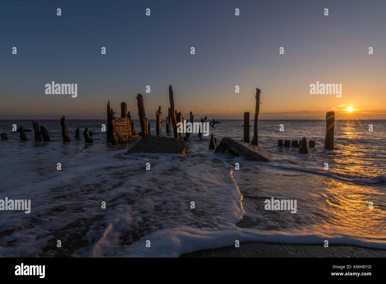 Spurn Point old wooden groynes and beach sea defences Stock Photo - Alamy