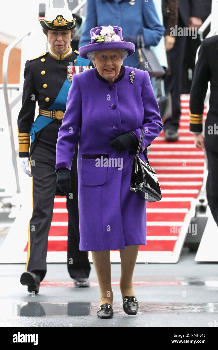Queen Elizabeth II walks with the Princess Royal, Commodore-in-Chief ...