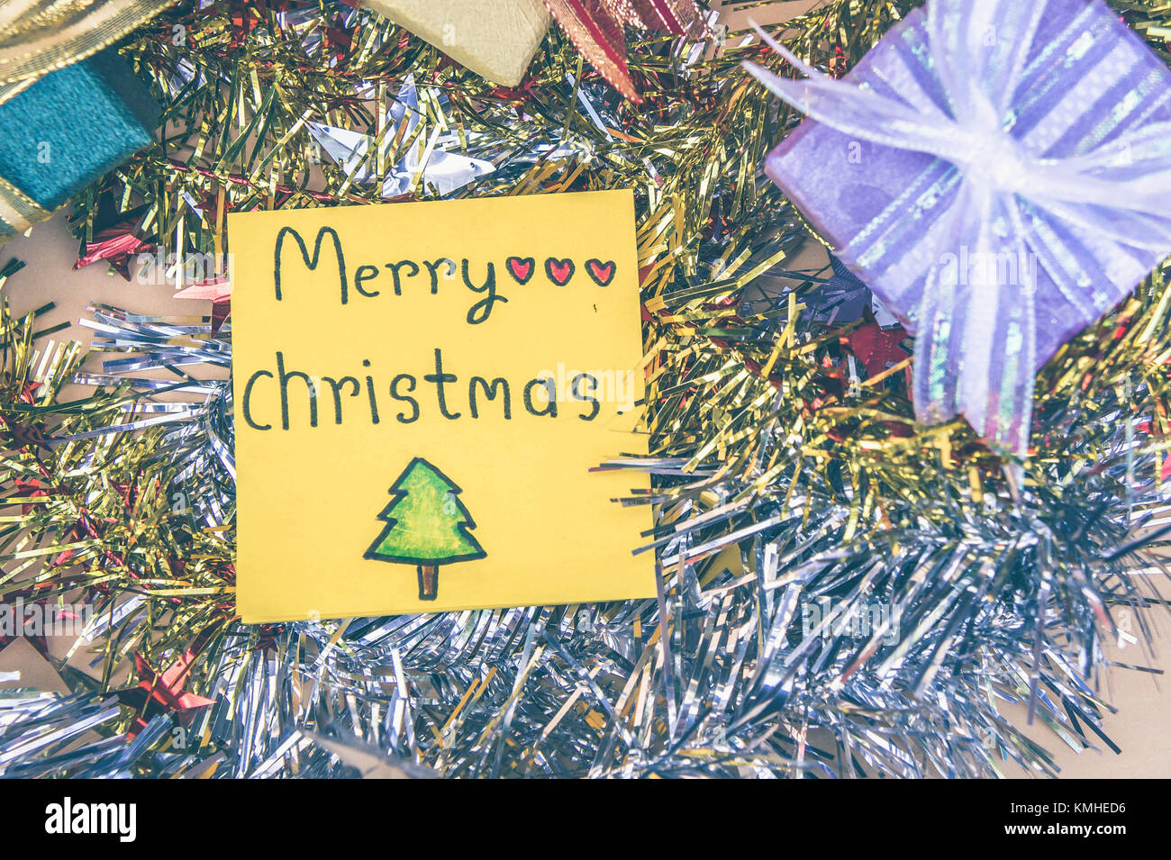 christmas background and paper note merry christmas decor on background ...