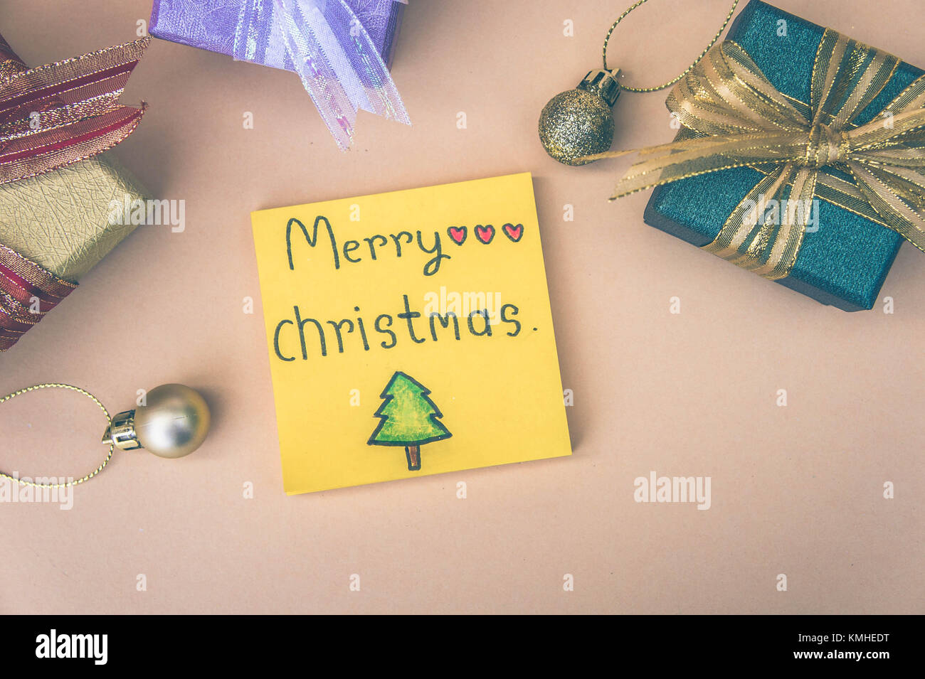 christmas background and paper note merry christmas decor on background ...