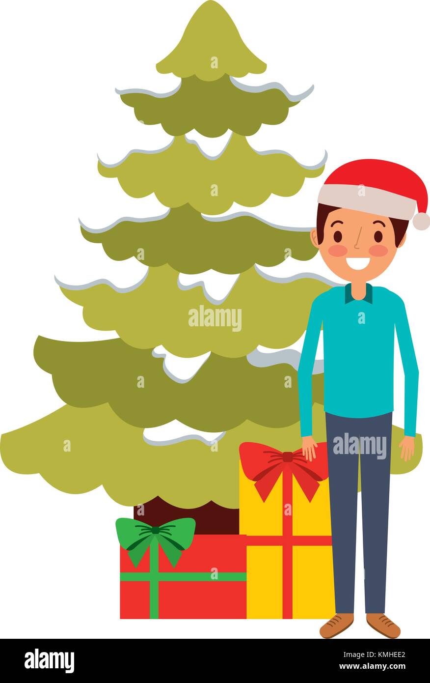 dad standing with the christmas tree and gift boxes Stock Vector Image ...