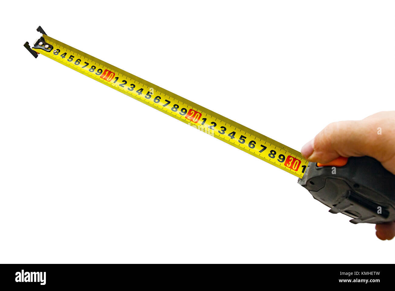 Hand with a tape measure on white Stock Photo - Alamy