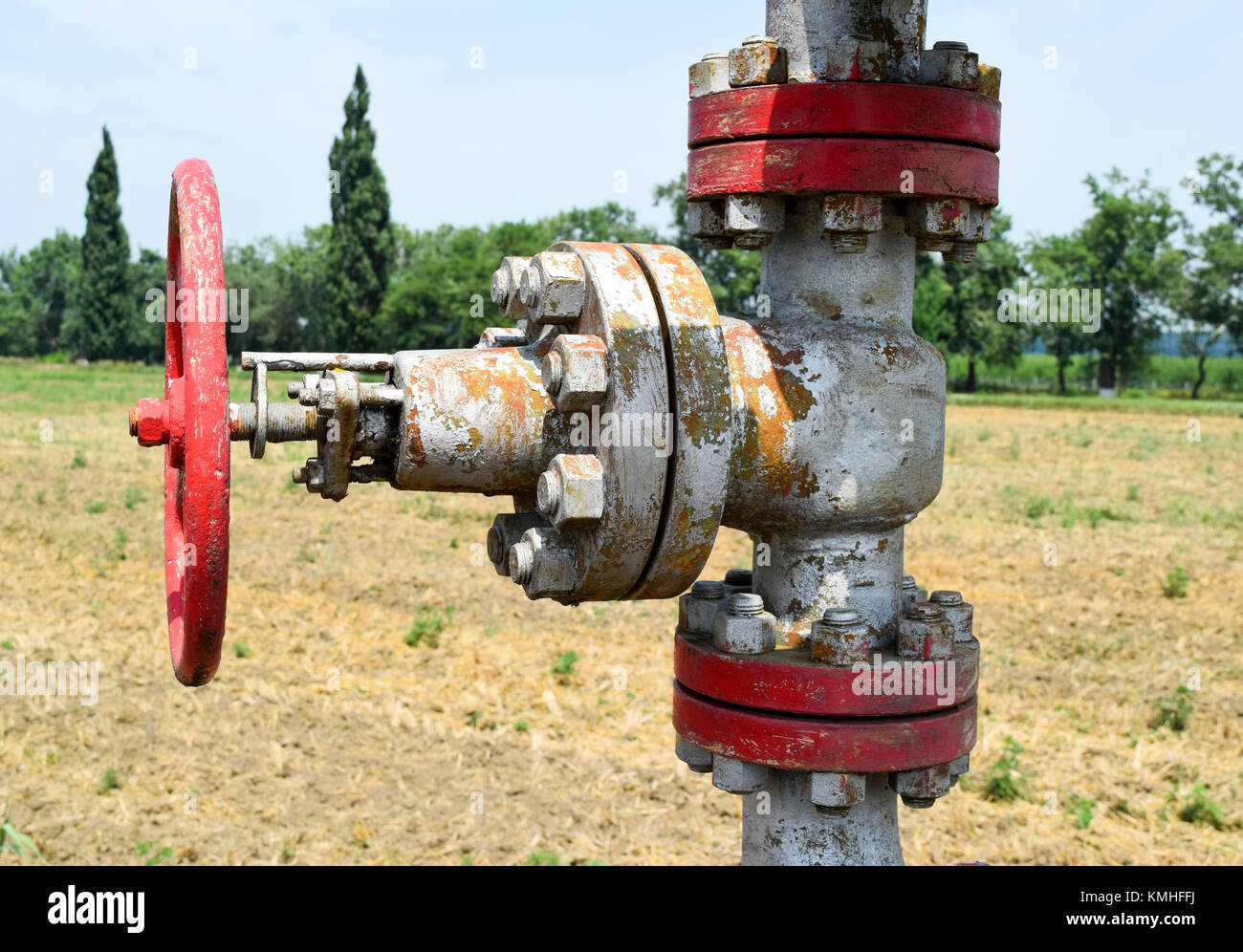 Manual shut-off valve on oil well. Oil well wellhead equipment Stock ...