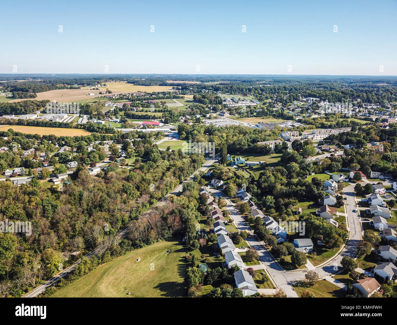 Aerial of New Freedom and surrounding Farmland in Southern Pennsylvania ...