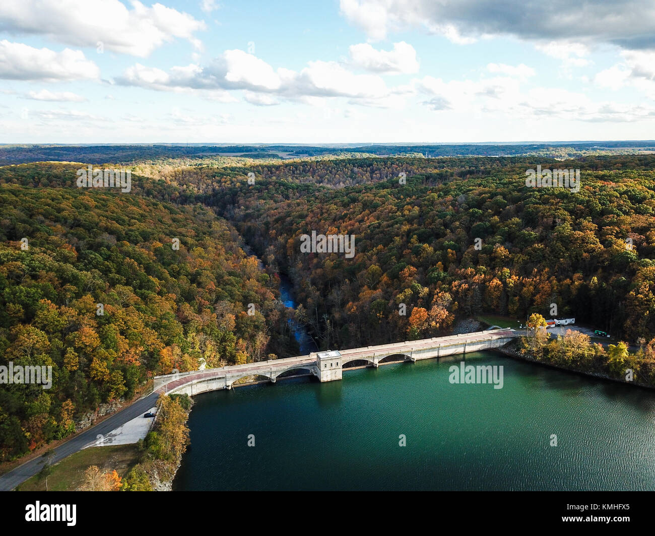 Aerial of Pretty Boy Reservoir Dam in Hampstead, Maryland during Fall ...