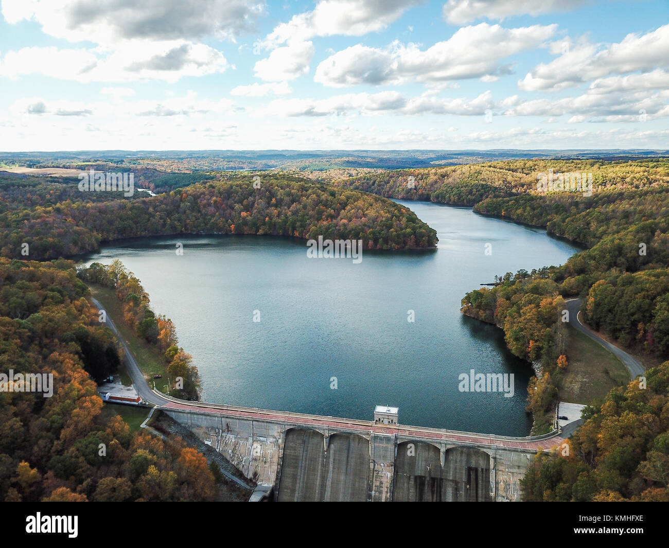 Aerial of Pretty Boy Reservoir Dam in Hampstead, Maryland during Fall ...