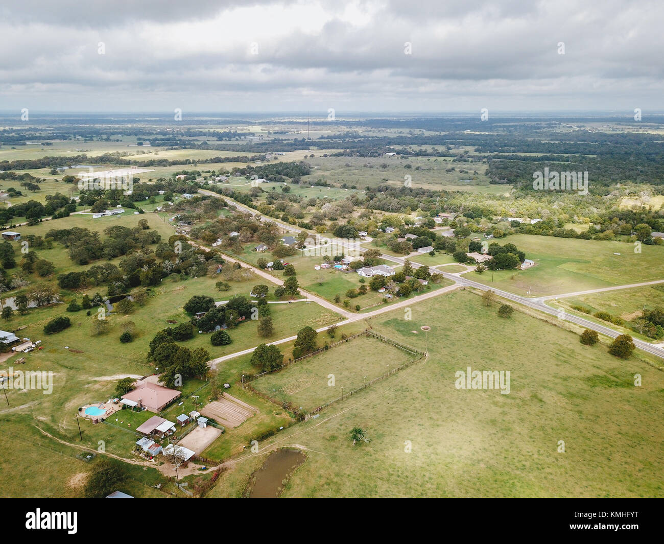 Aerial of the Small Rural Town of Sommerville, Texas Next in Between ...