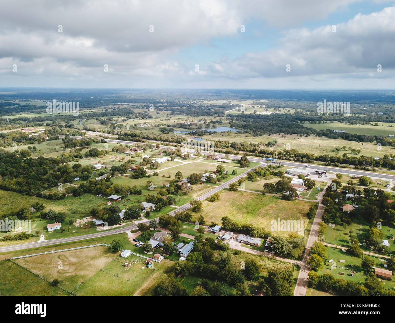 Aerial of the Small Rural Town of Sommerville, Texas Next in Between ...