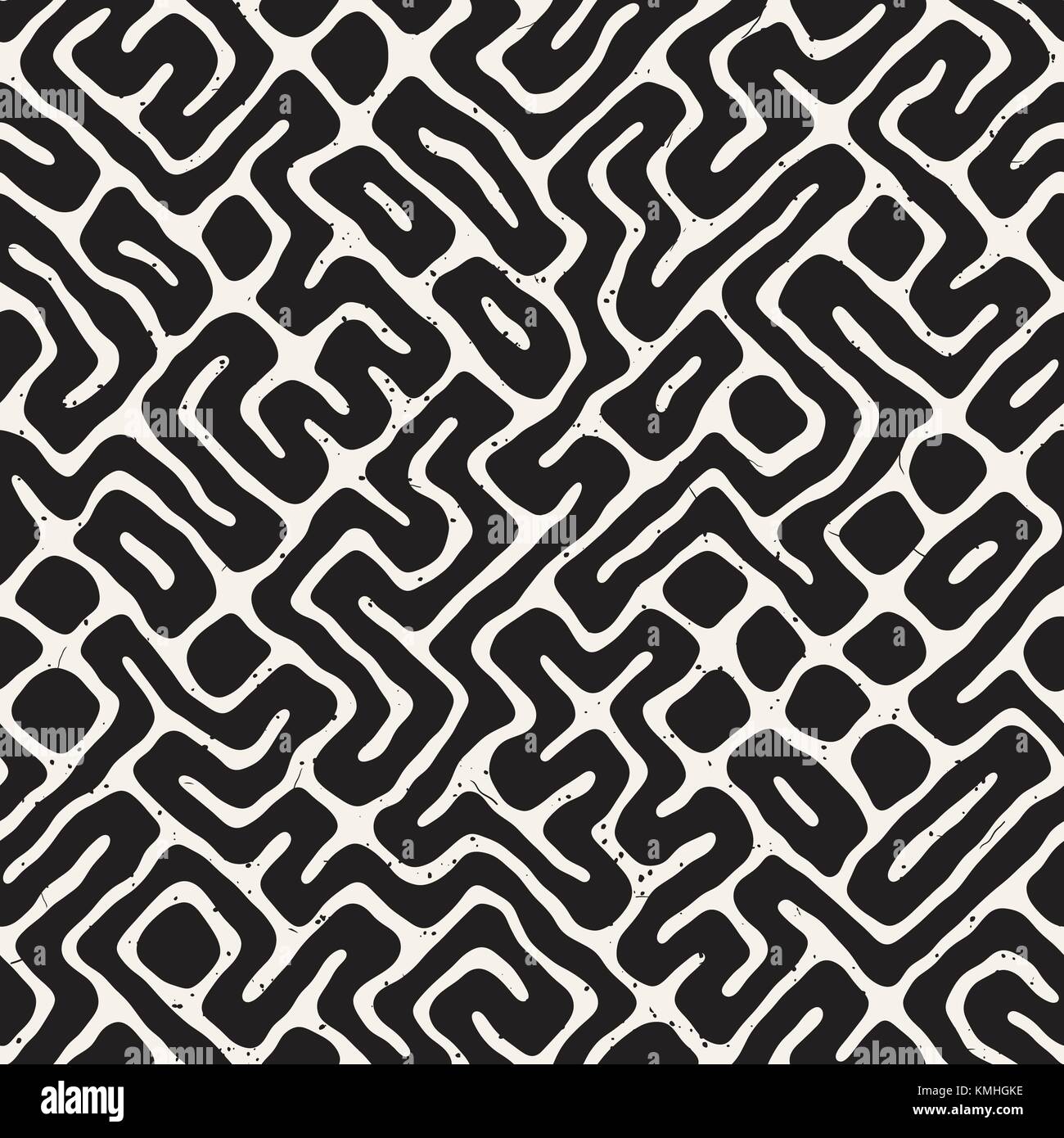 Vector Seamless Black And White Rounded Irregular Maze Pattern. Abstract Hand Drawn Geometric ...