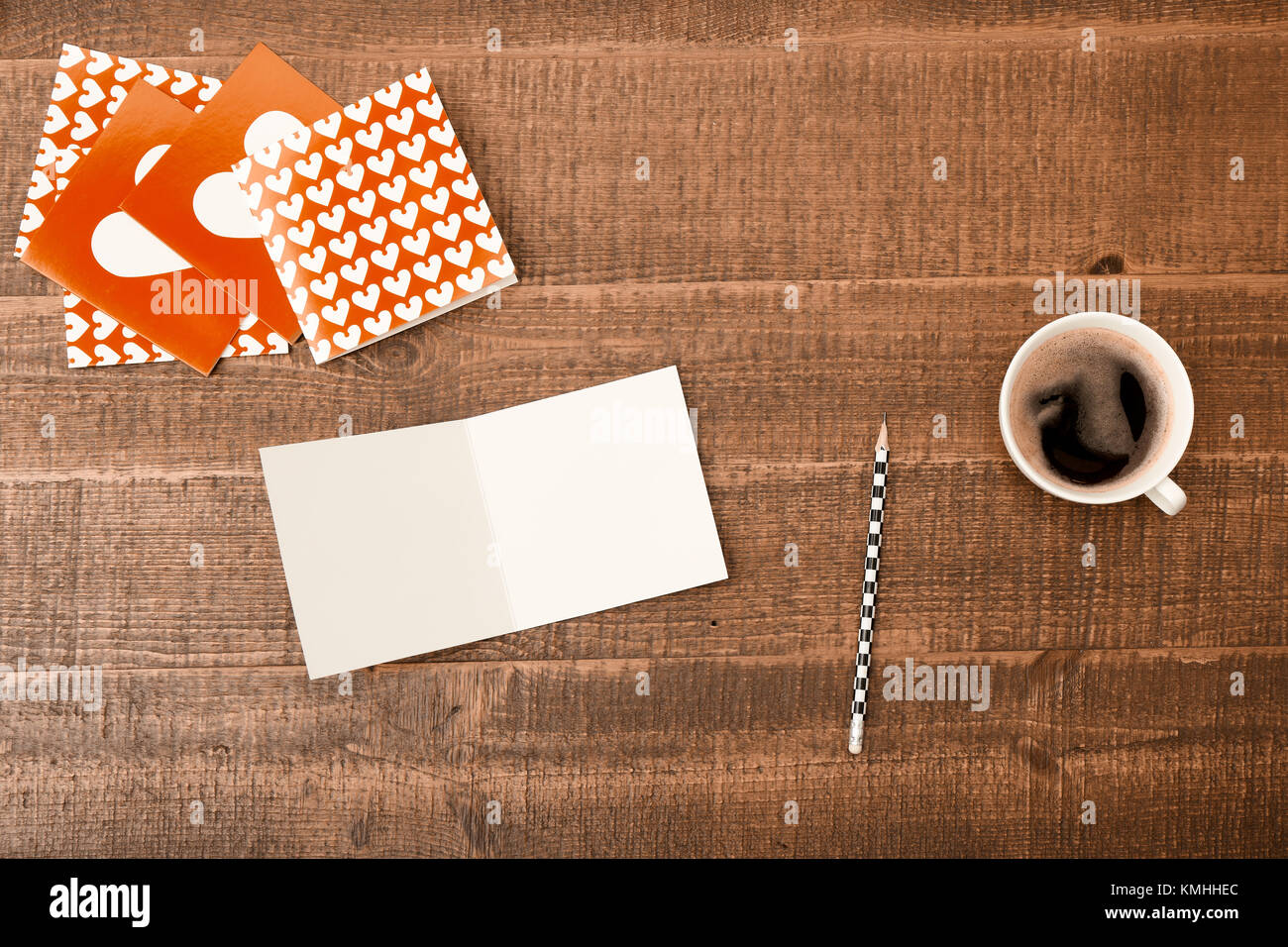 Office desk table. Top view with blank greeting card, pencil and coffee ...