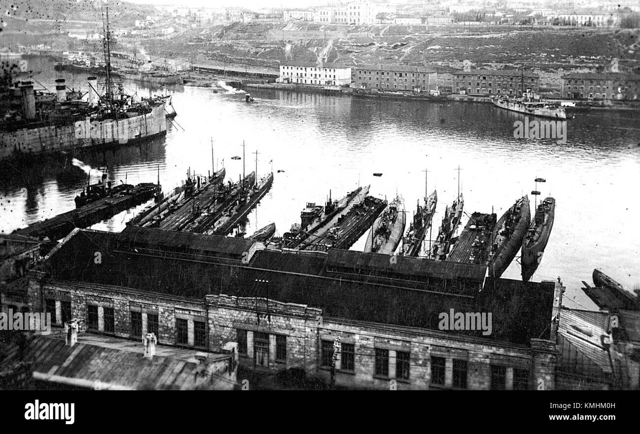 The image captures submarines in Sevastopol, Crimea, in 1918, during ...