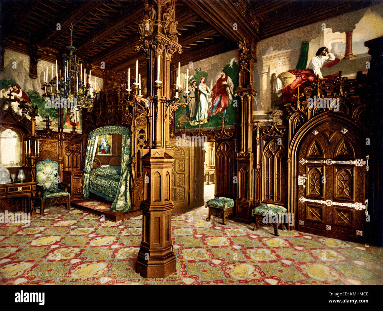 This image shows the opulent bedroom in Neuschwanstein Castle, located ...