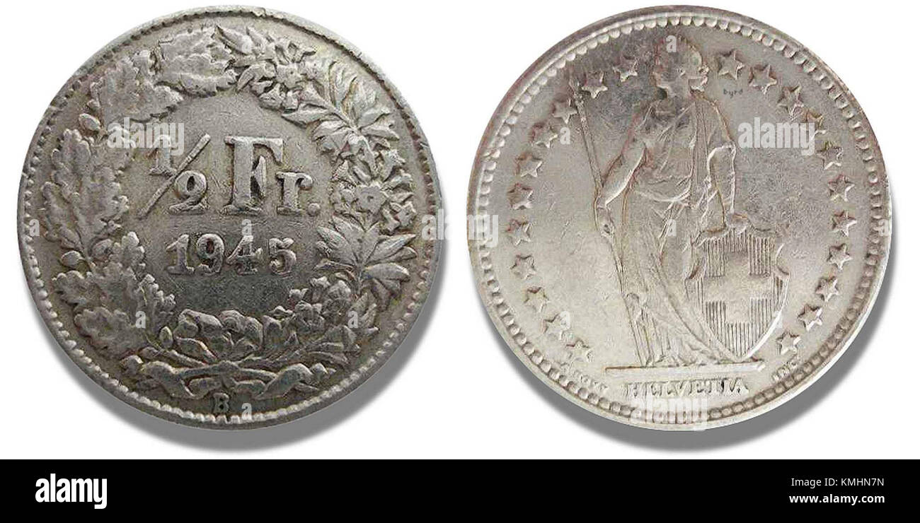 This is an image of a 50-cent coin from 1945, made of 835 silver. The ...