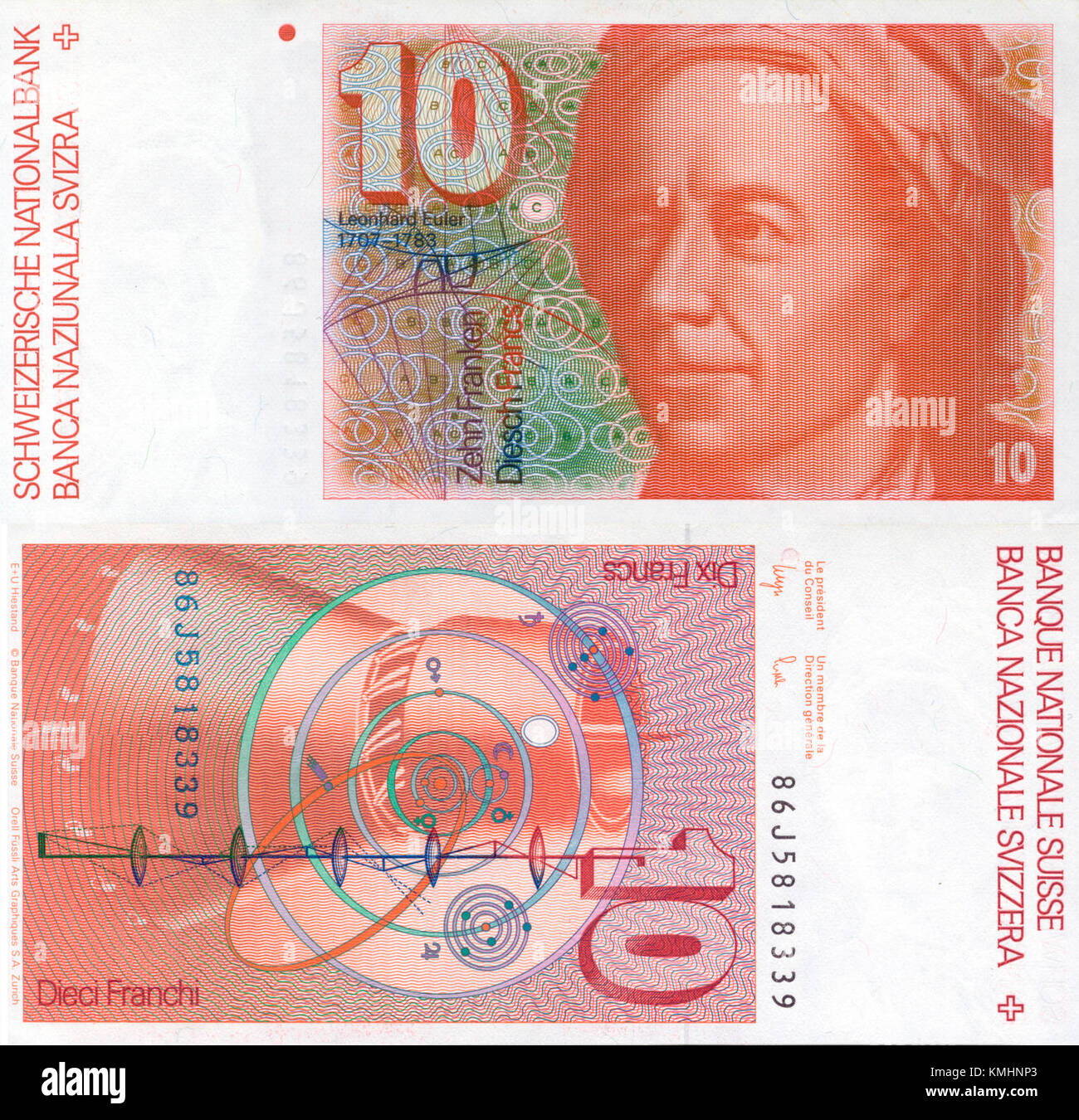 This is the Euler-10 Swiss Franc banknote, showcasing both the front ...
