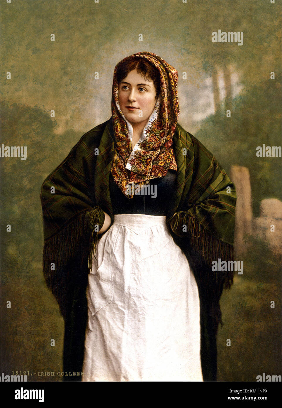 Irish colleen with green plaid shawl, 1890s Stock Photo - Alamy
