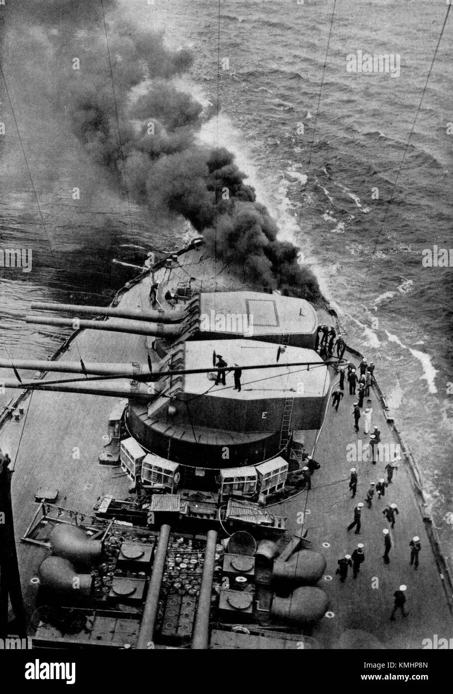 'Battleship Ablaze' is a historical image capturing the dramatic scene ...