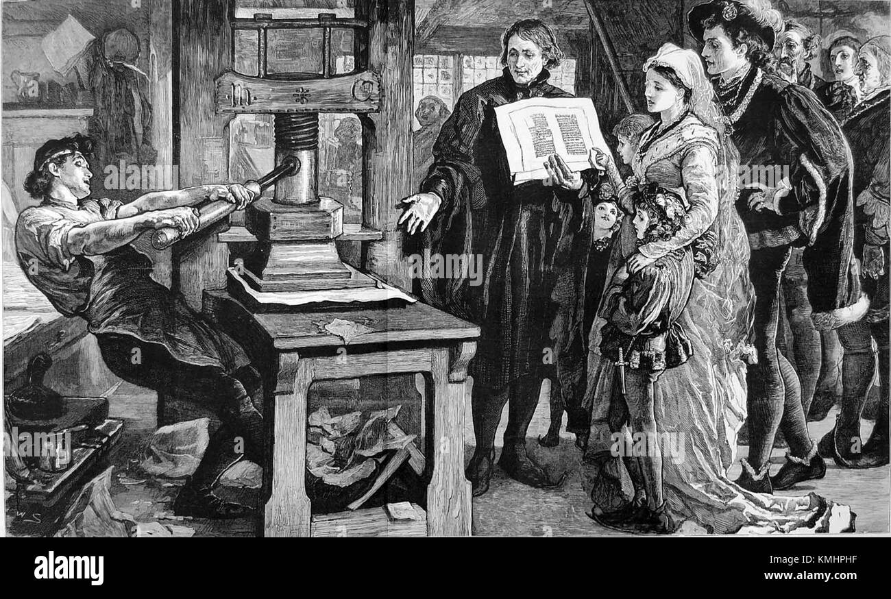 This scene portrays William Caxton, the pioneering English printer ...