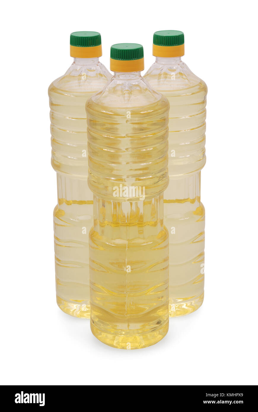 Three bottle of sunflower oil isolated on white background with soft ...