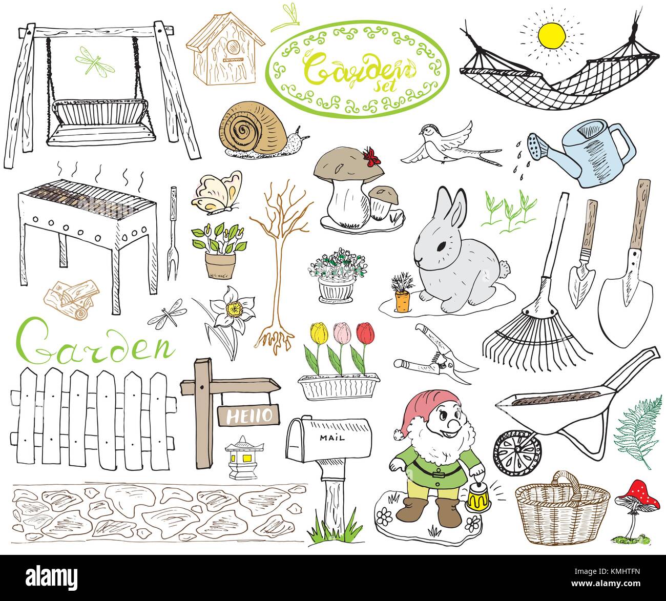 Garden set doodles elements. Hand drawn sketch with gardening tools ...