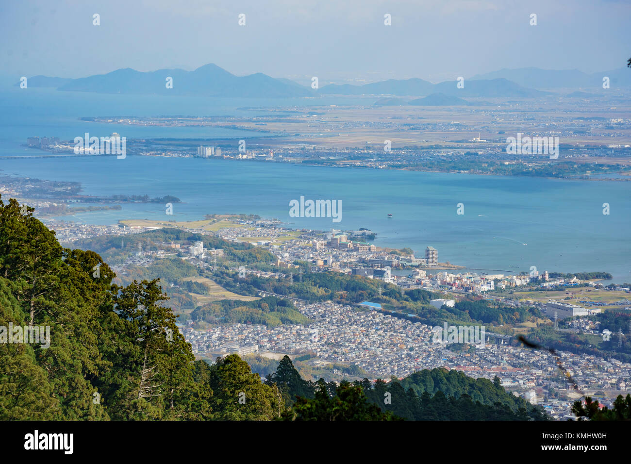 Aerial view of Lake Biwa and cityscape with autumn fall color, Japan ...