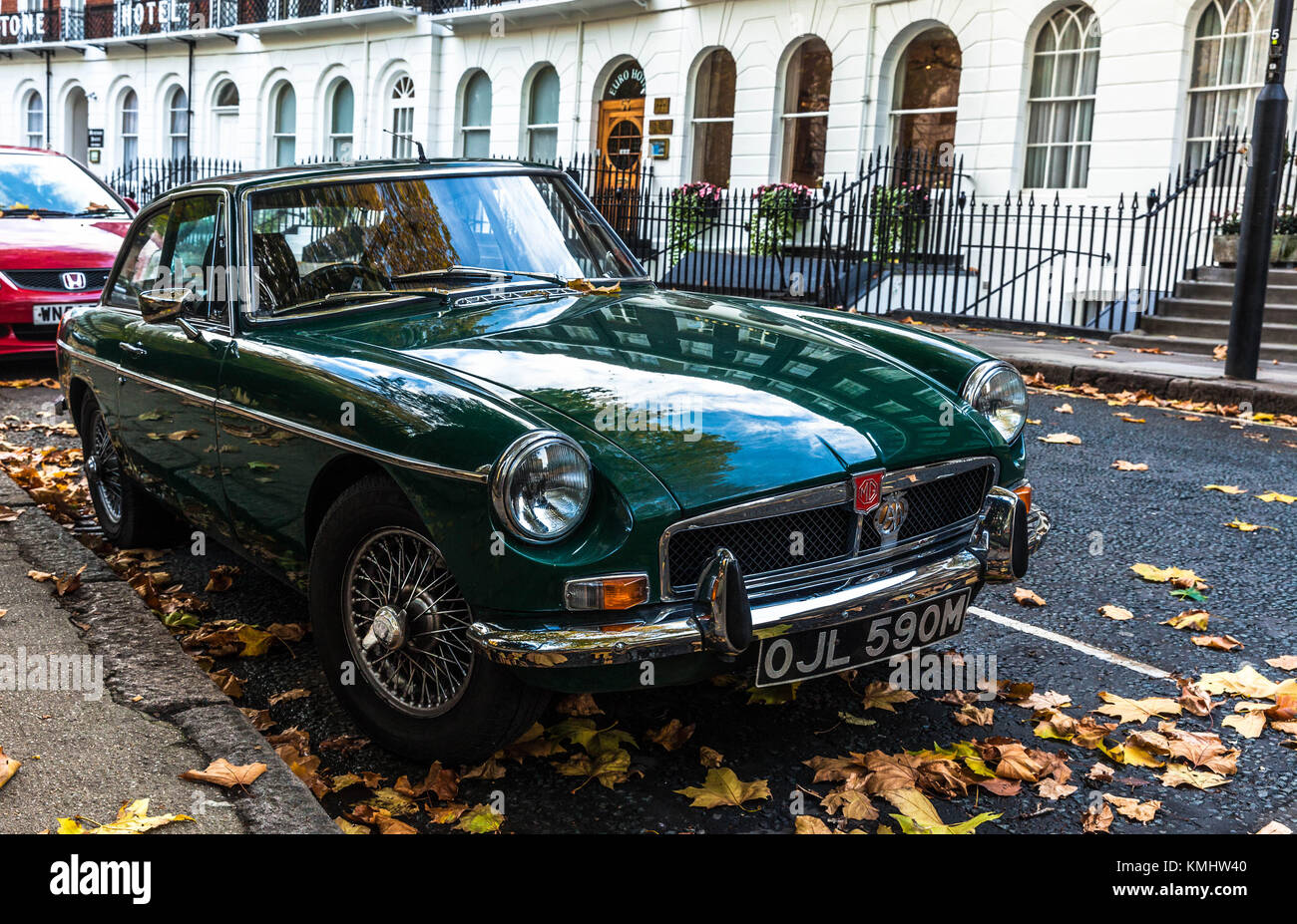 Rear side view of a MG car parked on roadside, Bloomsbury, London ...